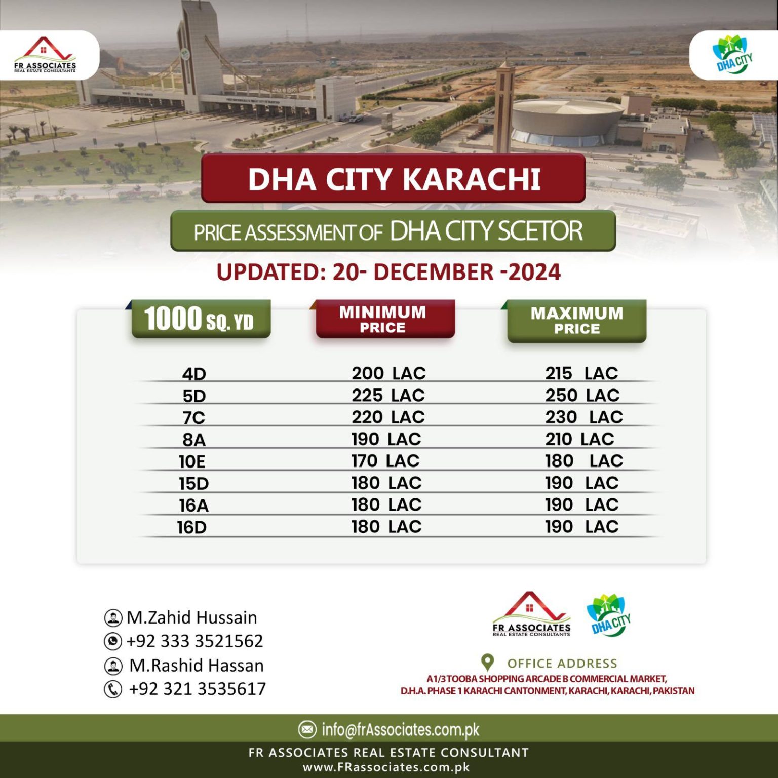 Dha City Karachi Prices List 2024 - FR Associates