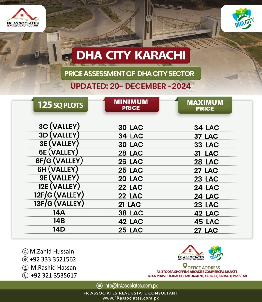 Dha City Karachi Prices List 2024 - FR Associates